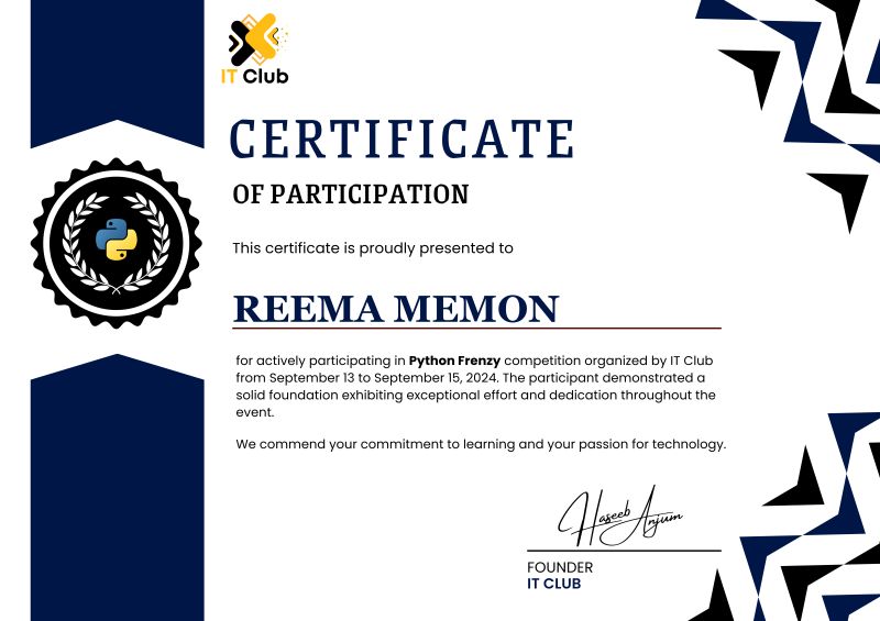 Reema Memon on LinkedIn: #pythonfrenzy #competition #python #win #top Reema Memon on LinkedIn: #pythonfrenzy #competition #python #win #top