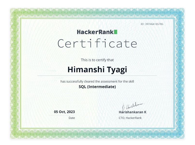 Himanshi Tyagi on LinkedIn: #sql #hackerrank #careergrowth #dataskills Himanshi Tyagi on LinkedIn: #sql #hackerrank #careergrowth #dataskills