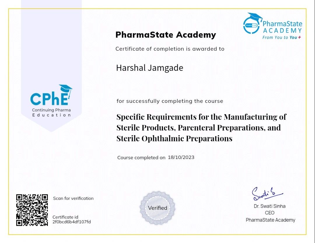 Harshal Jamgade on LinkedIn: #certificate #course #parenteral Harshal Jamgade on LinkedIn: #certificate #course #parenteral