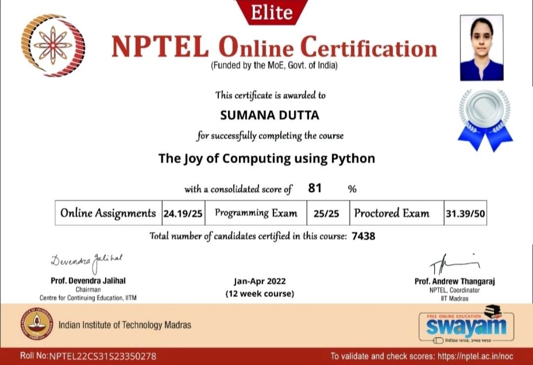 NPTEL Certificate | Sumana Dutta NPTEL Certificate | Sumana Dutta