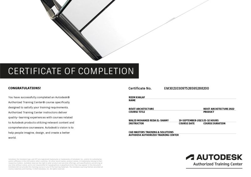 Autodesk Revit Completion certificate | Reem khalaf Autodesk Revit Completion certificate | Reem khalaf