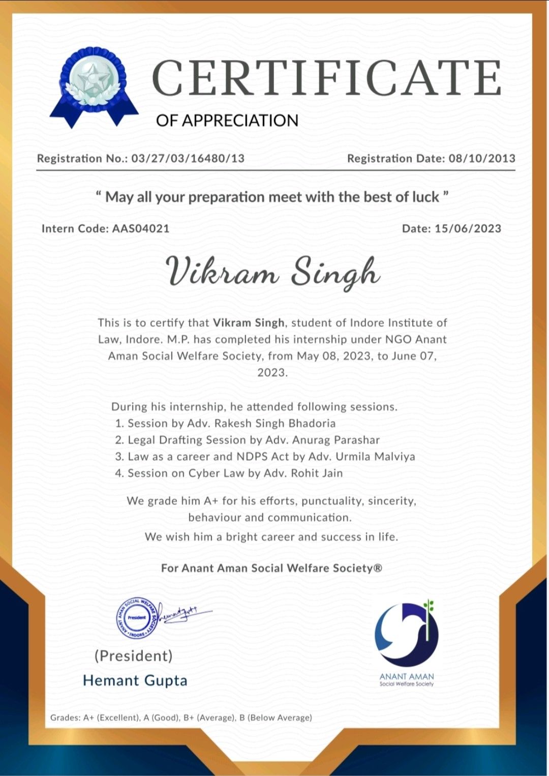 Vikram Singh on LinkedIn: My First Internship Certificate...😊 Vikram Singh on LinkedIn: My First Internship Certificate...😊