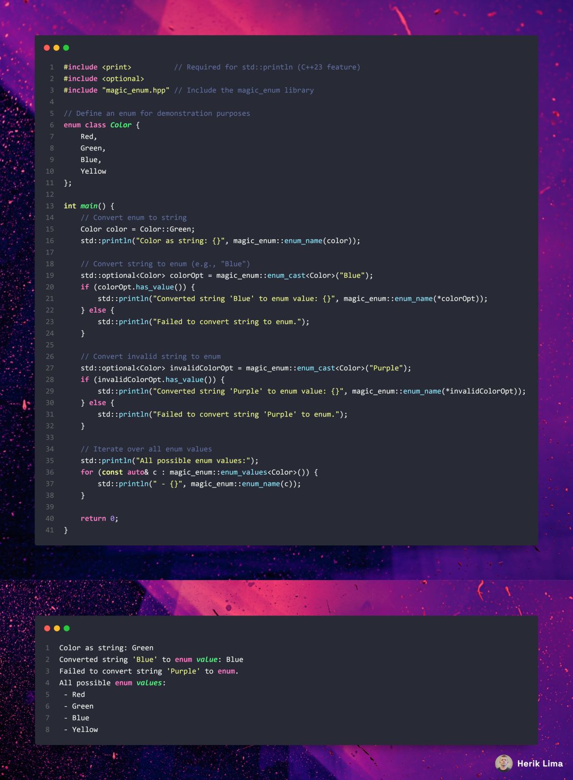 Herik Lima on LinkedIn: #cplusplus #magicenum #enumtostring # ... Herik Lima on LinkedIn: #cplusplus #magicenum #enumtostring # ...