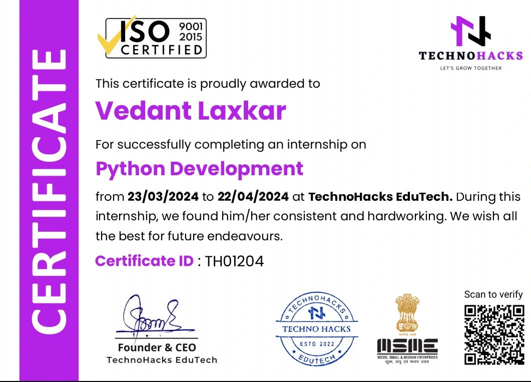 Vedant Laxkar on LinkedIn: #pythoninternship #technohacksedutechofficial Vedant Laxkar on LinkedIn: #pythoninternship #technohacksedutechofficial