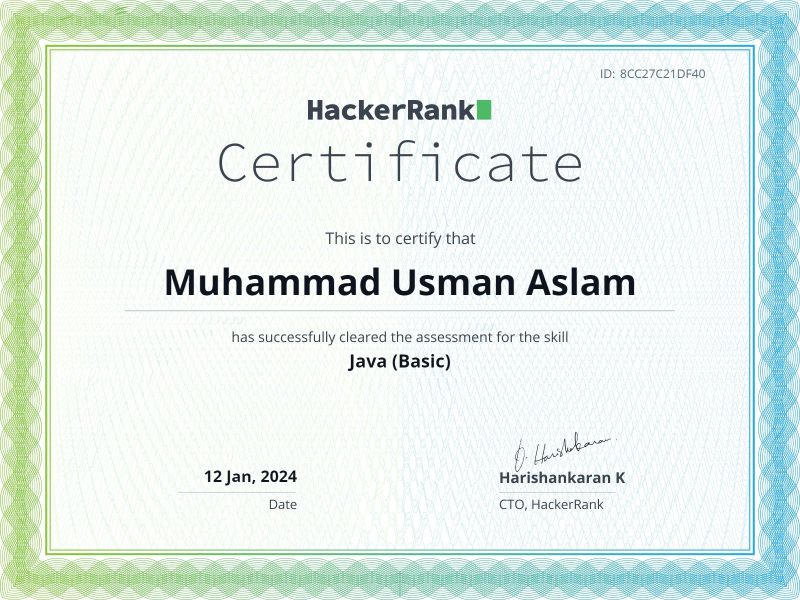 Earned Java Basic Certification with HackerRank | Muhammad Usman Aslam ... Earned Java Basic Certification with HackerRank | Muhammad Usman Aslam ...