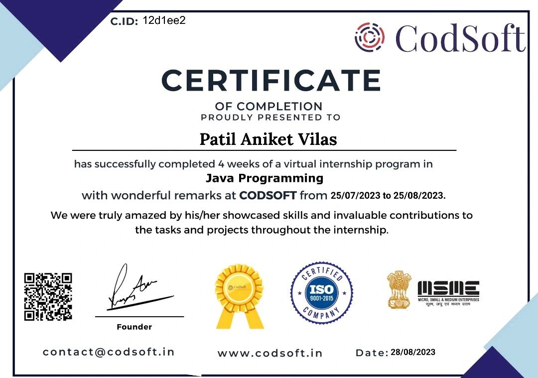 Aniket Patil on LinkedIn: #internship #codsoft #java #programming Aniket Patil on LinkedIn: #internship #codsoft #java #programming