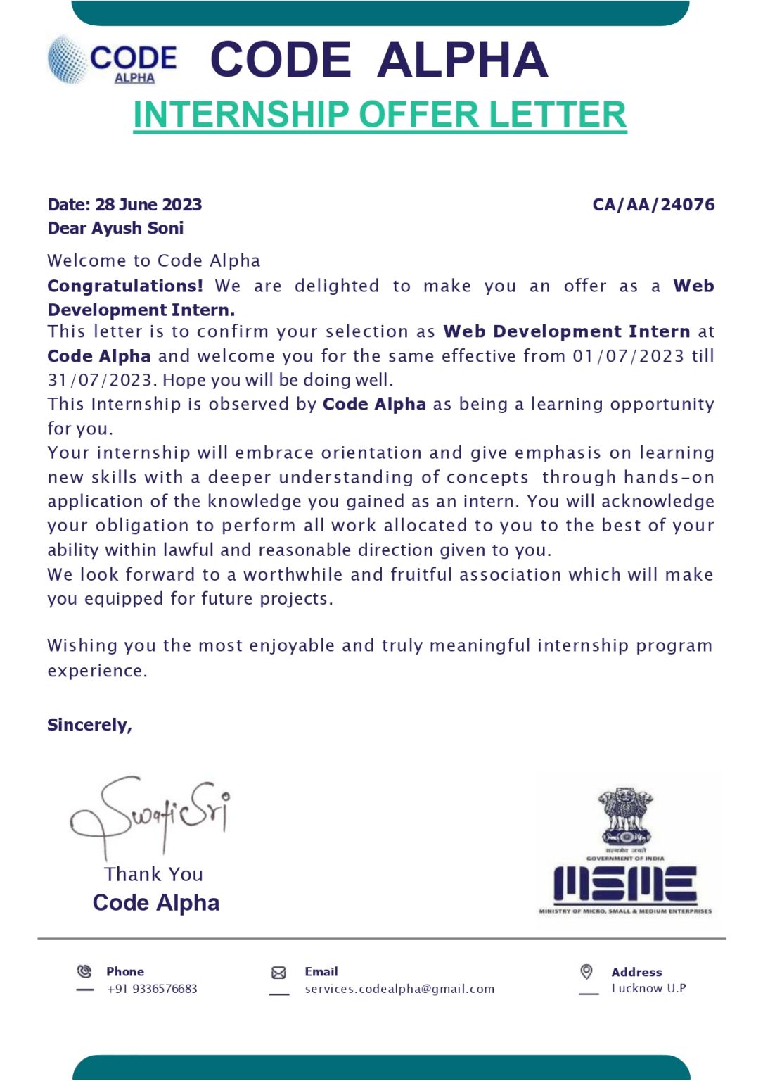 Ayush Soni on LinkedIn: #opportunity #webdevelopment #internship #codealpha Ayush Soni on LinkedIn: #opportunity #webdevelopment #internship #codealpha