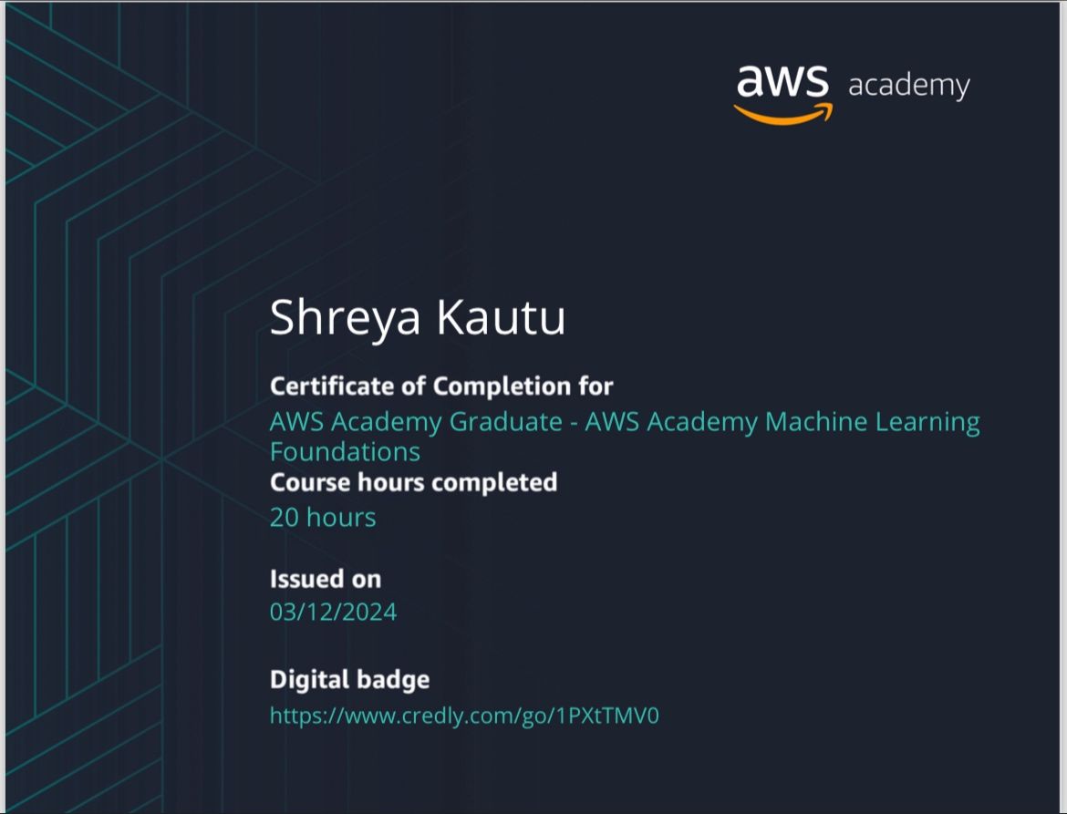 shreya kautu on LinkedIn: #awsacademy #machinelearning #awscertification shreya kautu on LinkedIn: #awsacademy #machinelearning #awscertification