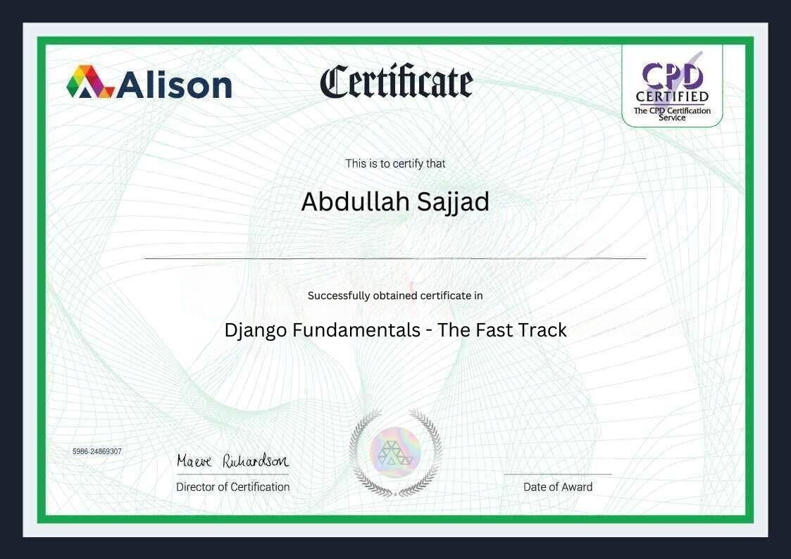 Abdullah Sajjad on LinkedIn: #django #python #certificate #alison # ... Abdullah Sajjad on LinkedIn: #django #python #certificate #alison # ...