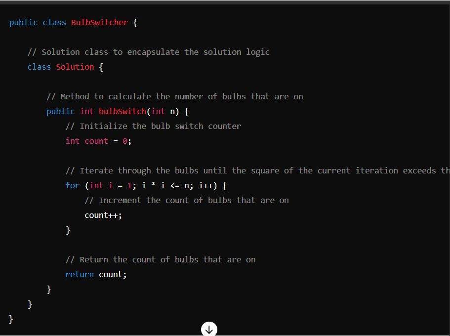 Yash Kasat on LinkedIn: 🌟 Day 7 of the LeetCode Journey Bulb Switcher ... Yash Kasat on LinkedIn: 🌟 Day 7 of the LeetCode Journey Bulb Switcher ...
