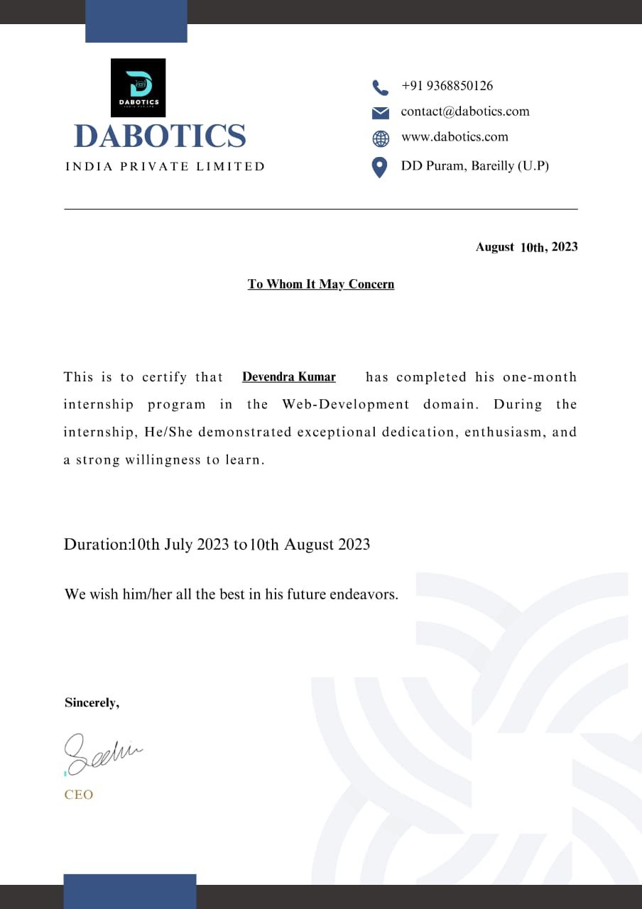 Devendra Kumar on LinkedIn: #intern2023 #webdevelopment #dabotics # ... Devendra Kumar on LinkedIn: #intern2023 #webdevelopment #dabotics # ...