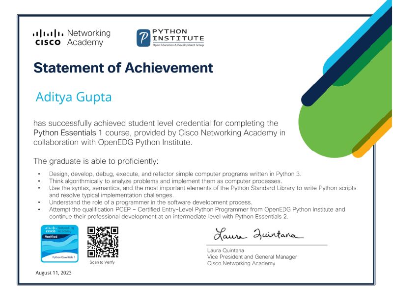 Aditya Gupta on LinkedIn: #pythonessentials1 #certificationachieved # ... Aditya Gupta on LinkedIn: #pythonessentials1 #certificationachieved # ...