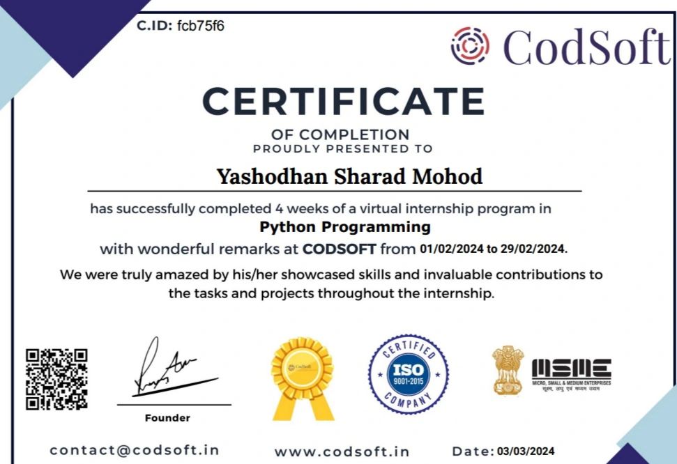 Yashodhan Mohod on LinkedIn: #pythonprogramming #pythoninternship # ... Yashodhan Mohod on LinkedIn: #pythonprogramming #pythoninternship # ...