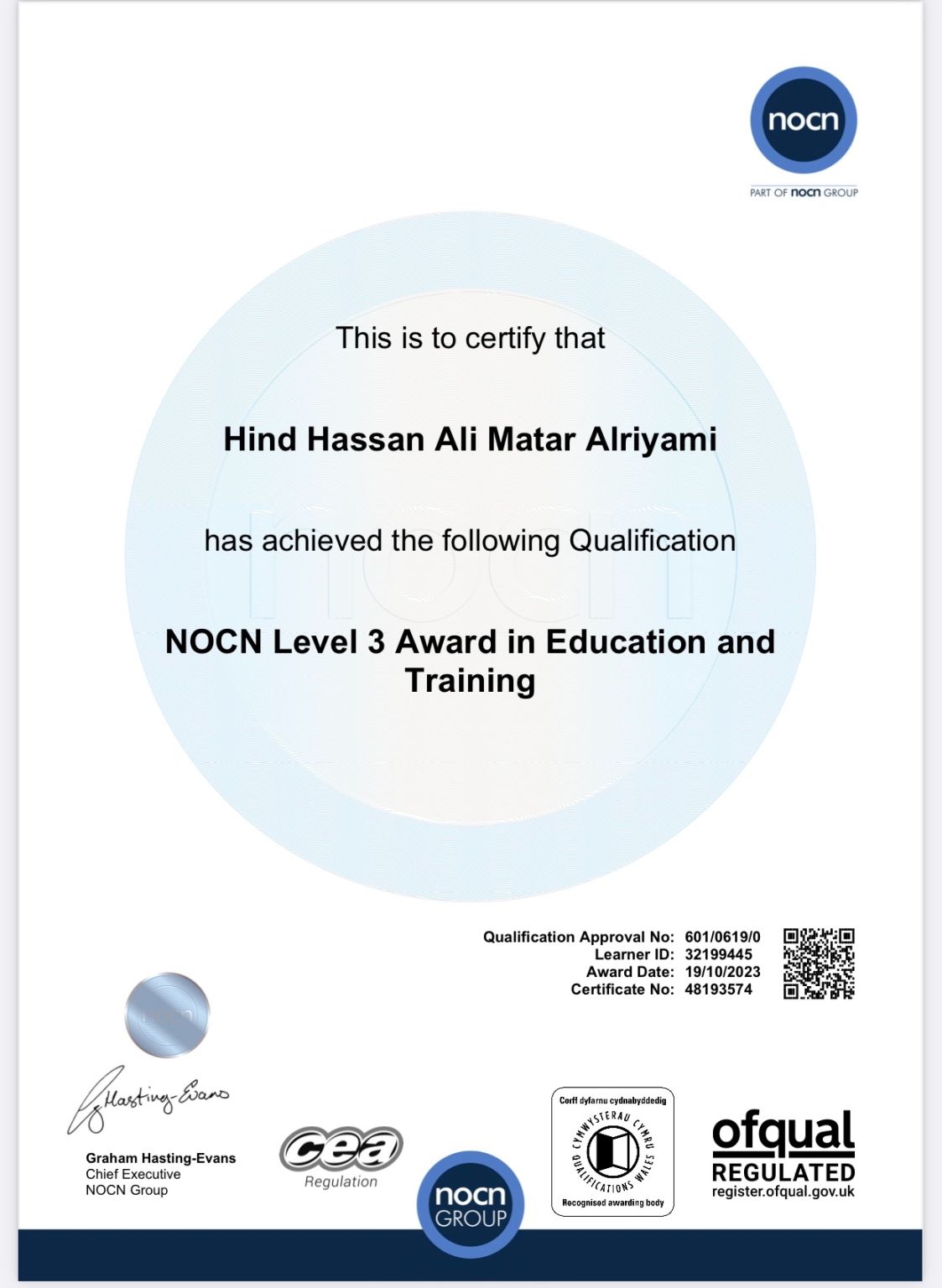 Hind AlRiyami on LinkedIn: Happy to have achieved NOCN level 3 Award in ... Hind AlRiyami on LinkedIn: Happy to have achieved NOCN level 3 Award in ...