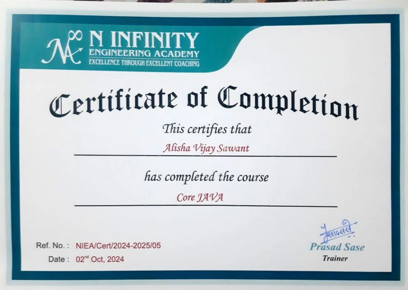 Alisha Sawant on LinkedIn: #corejava #programming #certificate # ... Alisha Sawant on LinkedIn: #corejava #programming #certificate # ...