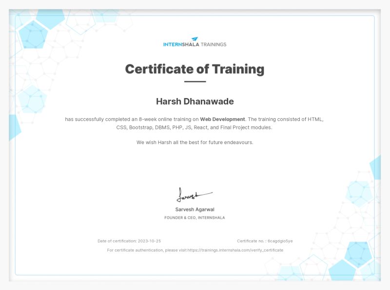 Harsh Dhanawade on LinkedIn: #webdevelopment #certificate #internshala ... Harsh Dhanawade on LinkedIn: #webdevelopment #certificate #internshala ...