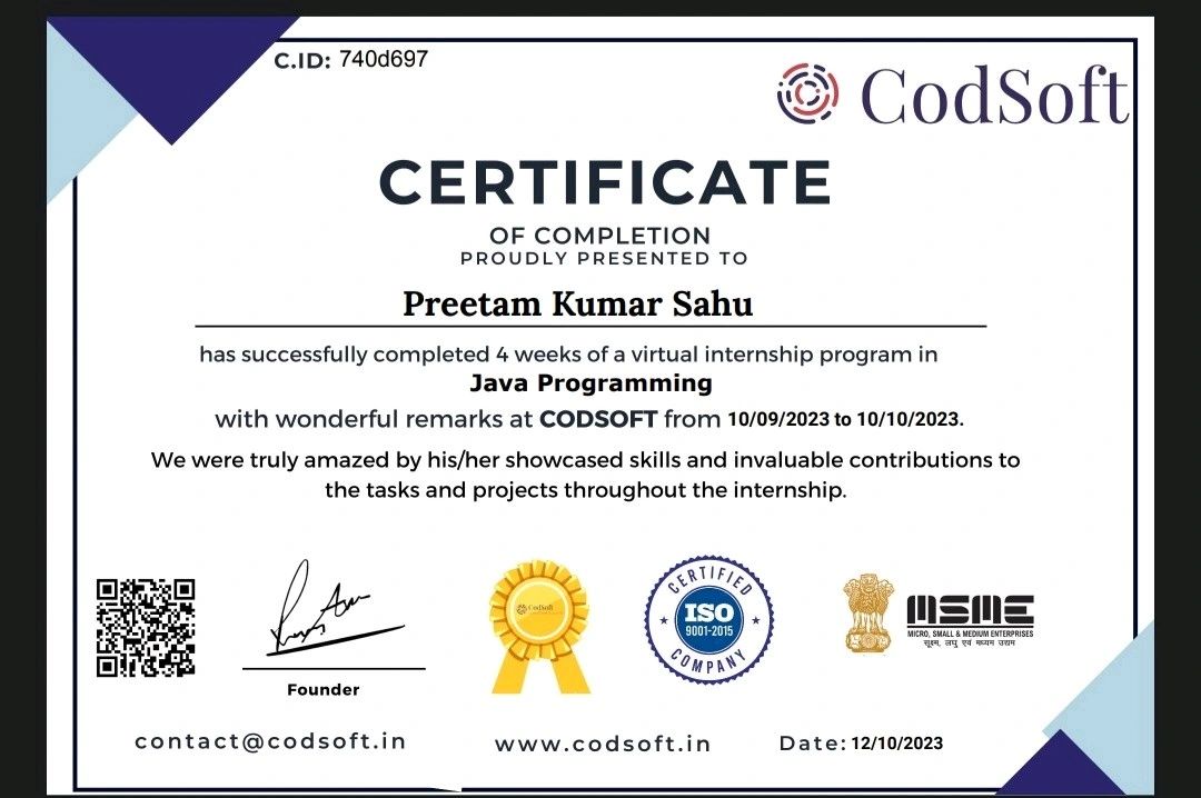 Preetam Kumar Sahu on LinkedIn: #javainternship #internship #codsoft # ... Preetam Kumar Sahu on LinkedIn: #javainternship #internship #codsoft # ...
