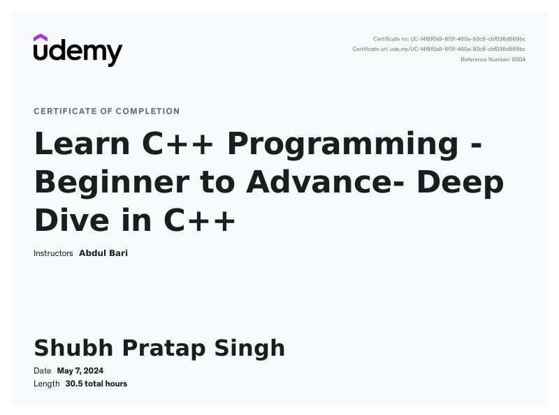 Completed C++ course and learned new skills. | Shubh Pratap Singh ... Completed C++ course and learned new skills. | Shubh Pratap Singh ...