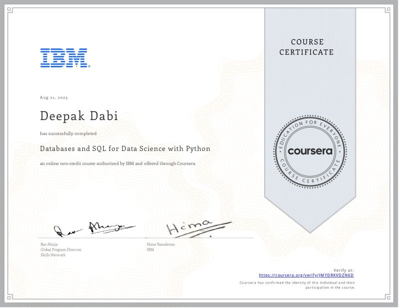 Deepak Dabi on LinkedIn: #datascience #sql #python #ibmtraining Deepak Dabi on LinkedIn: #datascience #sql #python #ibmtraining