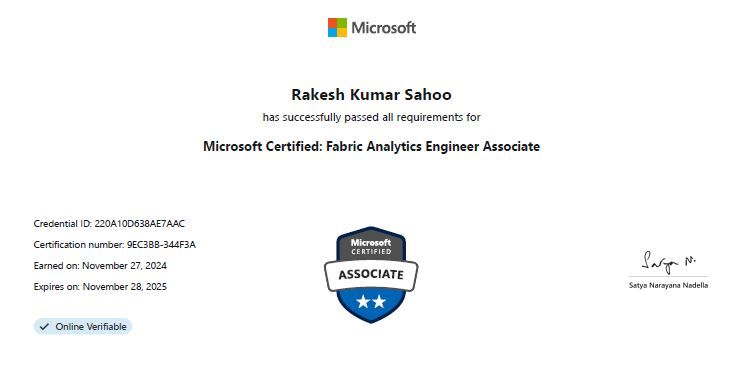 Rakesh Kumar Sahoo on LinkedIn: I am Microsoft Fabric certified now. Rakesh Kumar Sahoo on LinkedIn: I am Microsoft Fabric certified now.