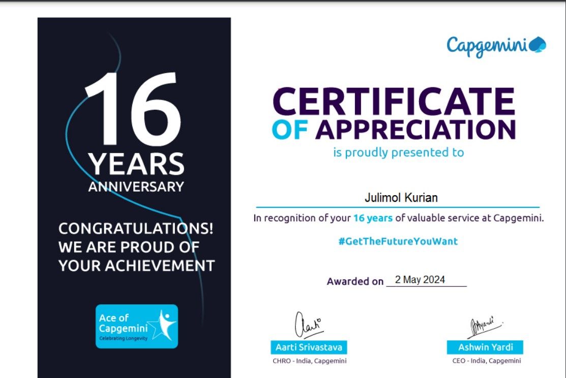 Celebrating 16 years in Capgemini today! | Julimol Kurian TOGAF® Celebrating 16 years in Capgemini today! | Julimol Kurian TOGAF®