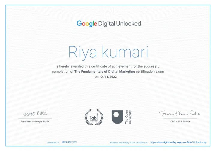 Riya Mishra on LinkedIn: Google Digital Unlocked Certificate..... Riya Mishra on LinkedIn: Google Digital Unlocked Certificate.....