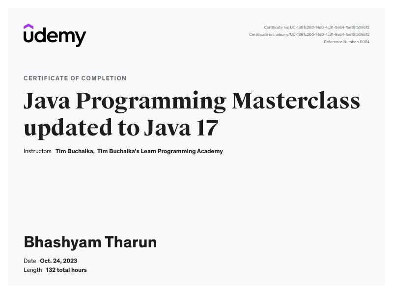THARUN BHASHYAM on LinkedIn: Java Masterclass Certification I am ... THARUN BHASHYAM on LinkedIn: Java Masterclass Certification I am ...