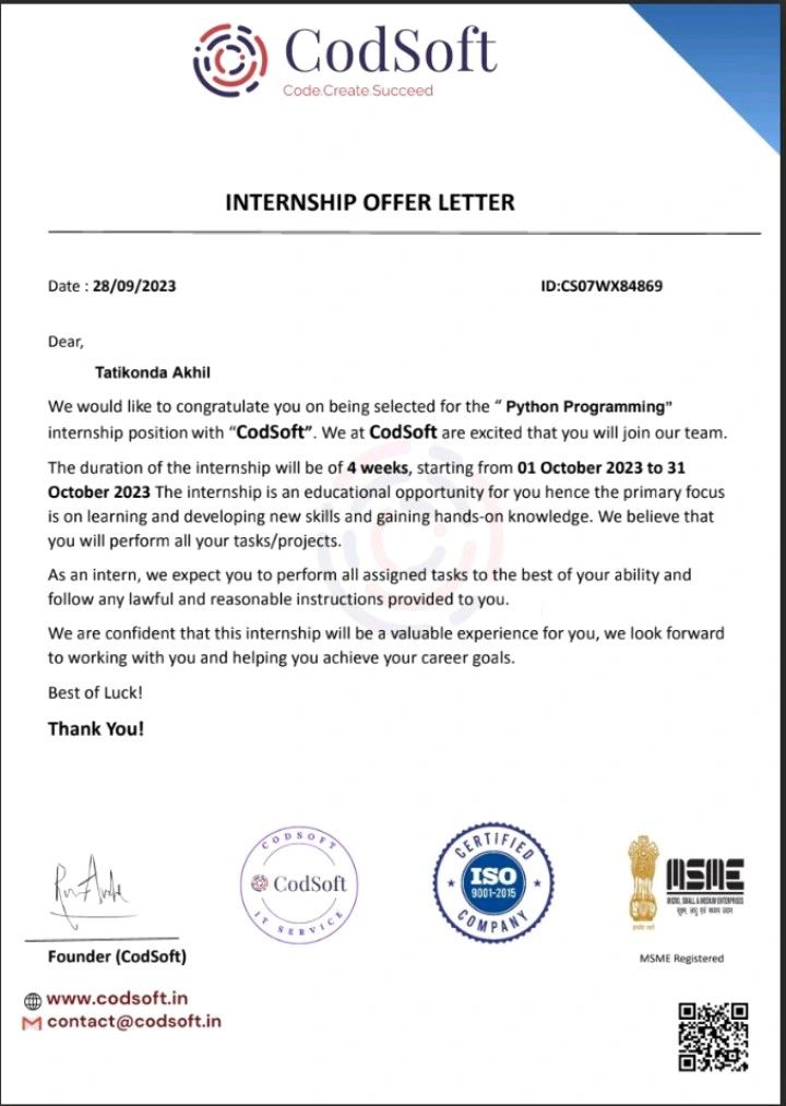 Akhil Tatikonda on LinkedIn: #codsoft #pythonprogramming Akhil Tatikonda on LinkedIn: #codsoft #pythonprogramming