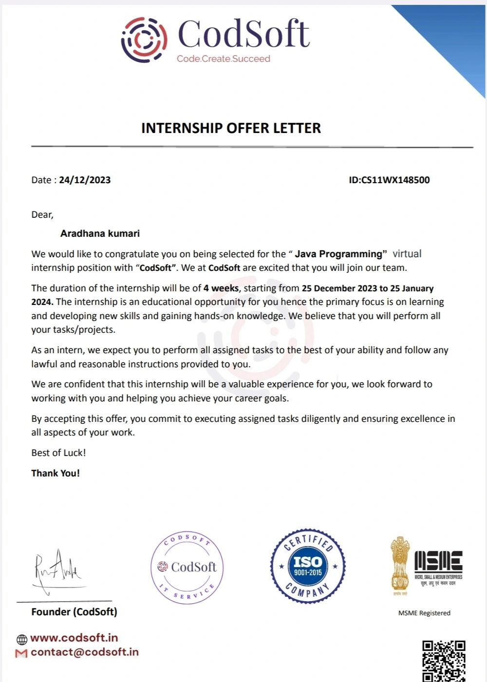 INTERNSHIP OFFER LETTER by # codsoft | Aradhana Kumari INTERNSHIP OFFER LETTER by # codsoft | Aradhana Kumari