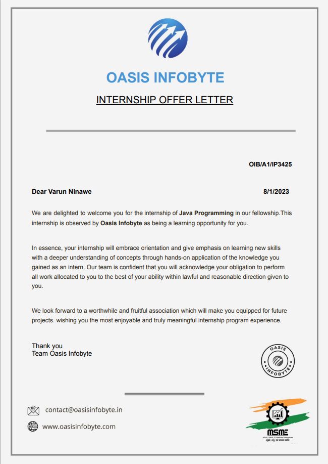 Varun Ninawe on LinkedIn: #internship #javaprogramming #oasisinfobyte Varun Ninawe on LinkedIn: #internship #javaprogramming #oasisinfobyte