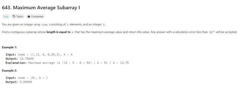 Solved the 'Maximum Average Subarray' question on Leetcode today. It is ... Solved the 'Maximum Average Subarray' question on Leetcode today. It is ...