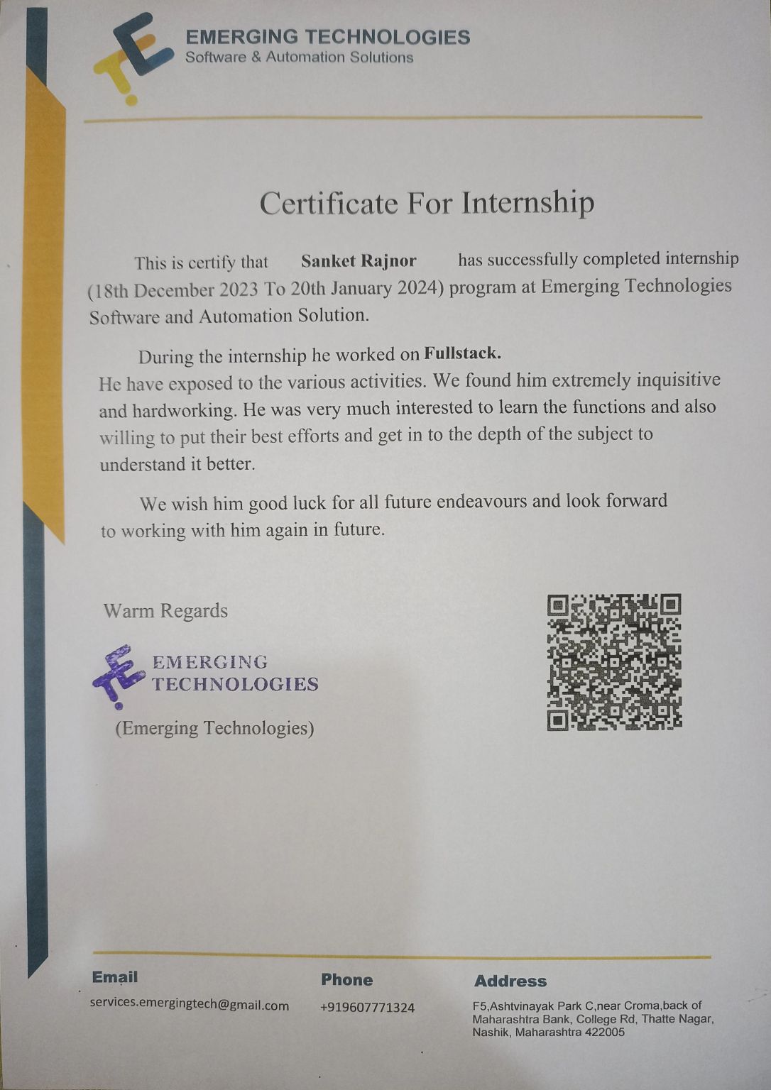 Finished my internship at Emerging Technologies, Nashik | Sanket Rajnor ... Finished my internship at Emerging Technologies, Nashik | Sanket Rajnor ...