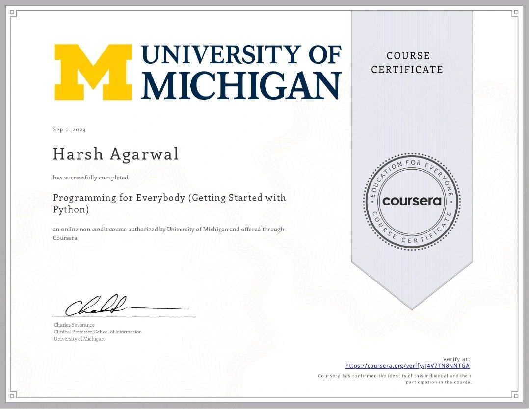Harsh Agarwal on LinkedIn: #python #certification #universityofmichigan Harsh Agarwal on LinkedIn: #python #certification #universityofmichigan