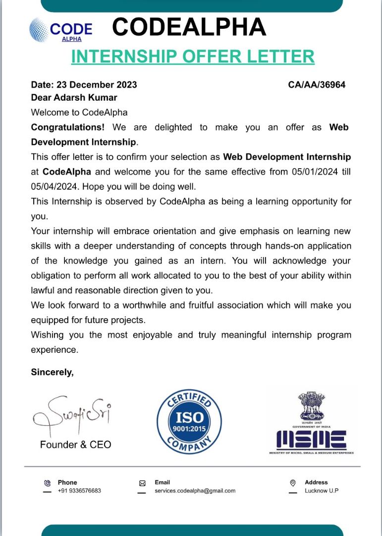 Adarsh Kumar on LinkedIn: #webdevelopment #internship #codealpha # ... Adarsh Kumar on LinkedIn: #webdevelopment #internship #codealpha # ...