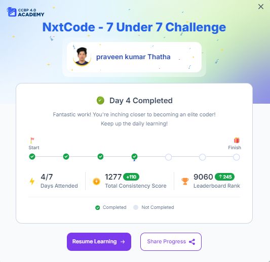 Praveen Kumar Thatha on LinkedIn: #codingjourney #nxtcodechallenge # ... Praveen Kumar Thatha on LinkedIn: #codingjourney #nxtcodechallenge # ...