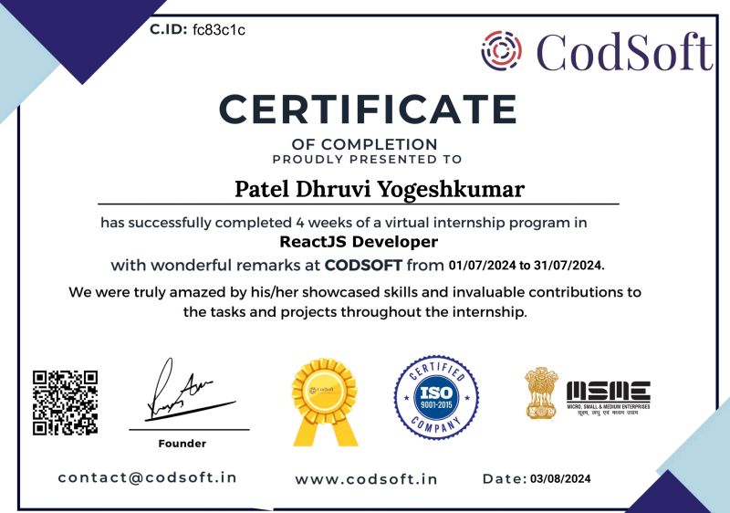 Dhruvi Patel on LinkedIn: #internship #codsoft #react Dhruvi Patel on LinkedIn: #internship #codsoft #react