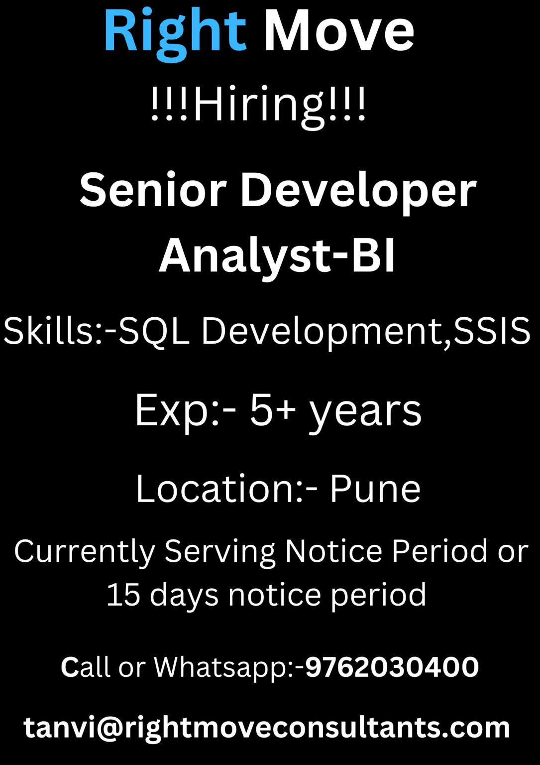 Tanvi P on LinkedIn: #seniordeveloper #sql #mssql #ssis #hiringnow Tanvi P on LinkedIn: #seniordeveloper #sql #mssql #ssis #hiringnow