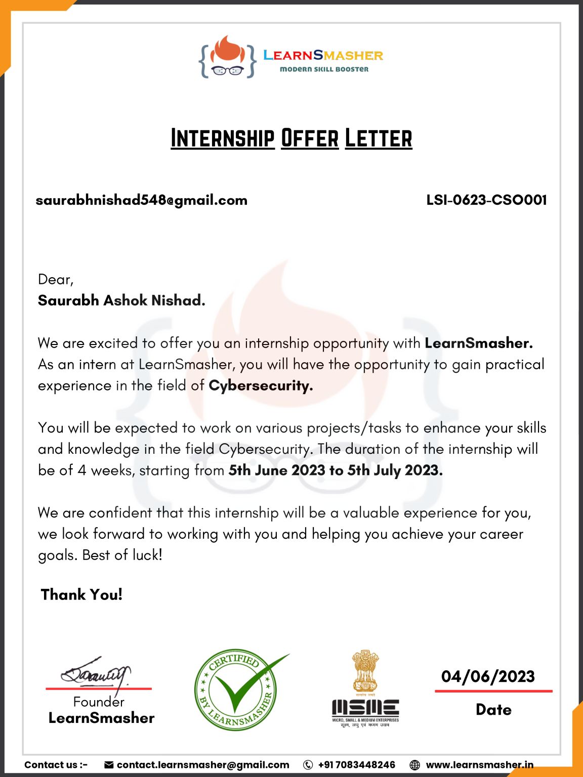 Saurabh Nishad on LinkedIn: #cybersecurity #internship #learnsmasher Saurabh Nishad on LinkedIn: #cybersecurity #internship #learnsmasher
