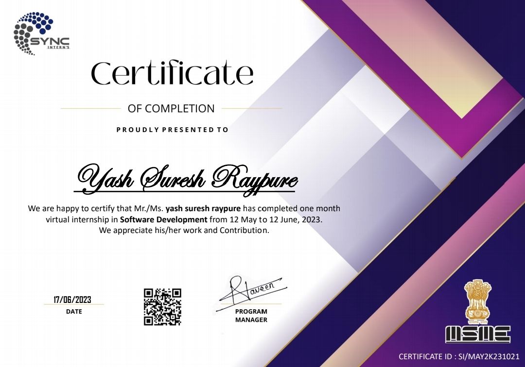 Yash Raypure on LinkedIn: #softwaredevelopment #syncinterns #certificate Yash Raypure on LinkedIn: #softwaredevelopment #syncinterns #certificate