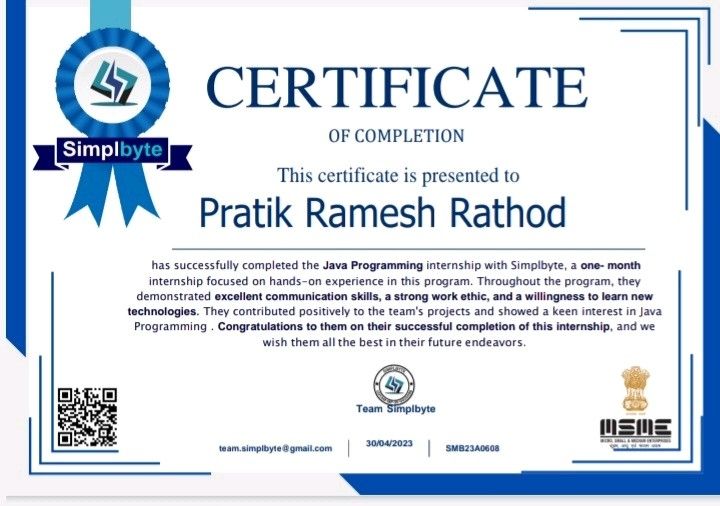 Pratik Rathod . on LinkedIn: #internship #simplbyte #javaprogramming Pratik Rathod . on LinkedIn: #internship #simplbyte #javaprogramming