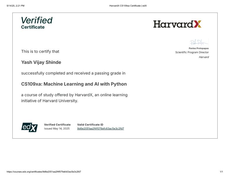 Completed Machine Learning and AI with Python course on edX | Yash ... Completed Machine Learning and AI with Python course on edX | Yash ...
