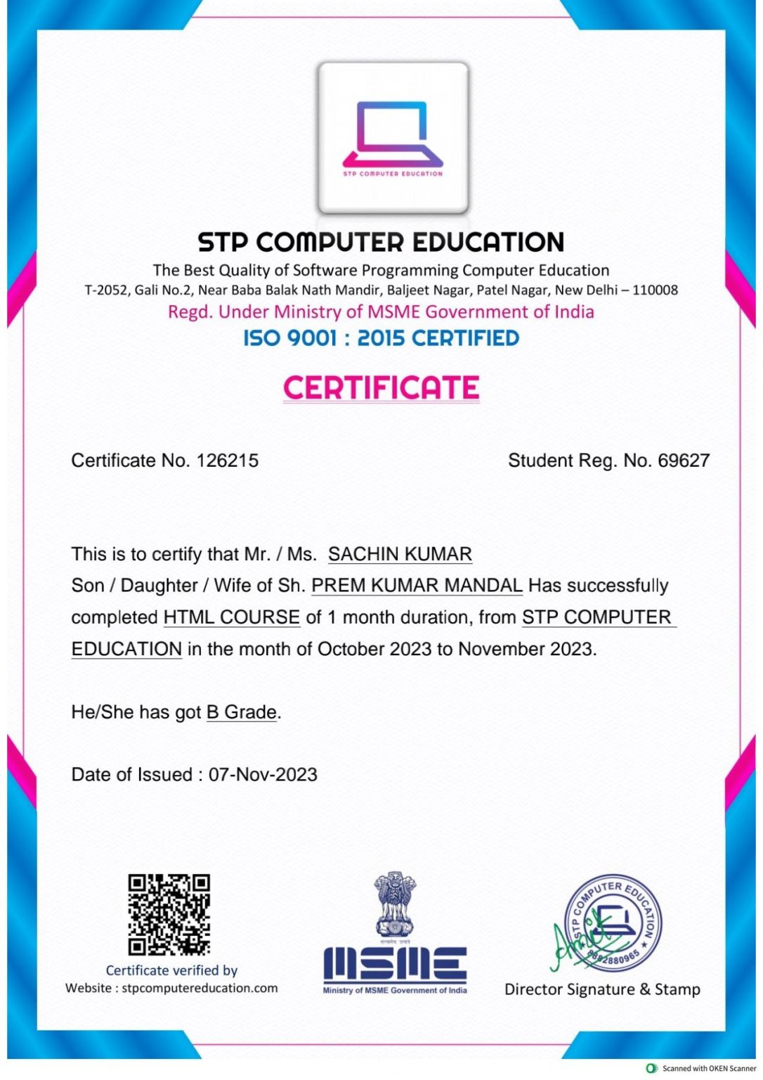 Html course certificate | SACHIN KUMAR Html course certificate | SACHIN KUMAR