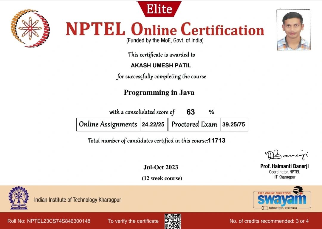 Akash Patil on LinkedIn: #javaprogramming #nptelcourse #certified Akash Patil on LinkedIn: #javaprogramming #nptelcourse #certified