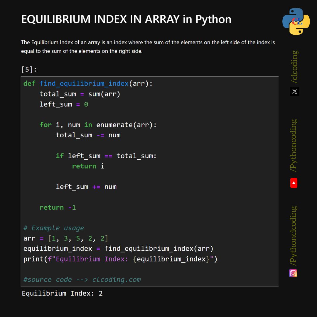 Python Coding on LinkedIn: EQUILIBRIUM INDEX IN ARRAY in Python https ... Python Coding on LinkedIn: EQUILIBRIUM INDEX IN ARRAY in Python https ...