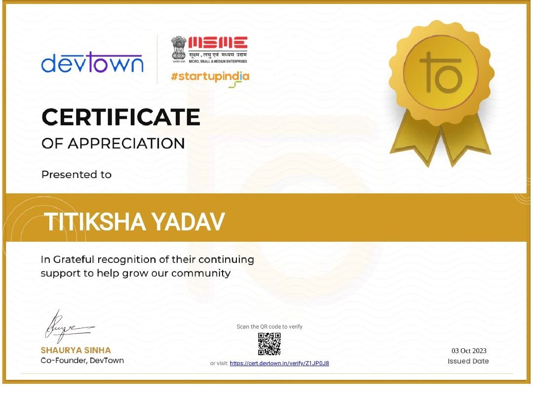 Titiksha Yadav on LinkedIn: #connections #devtown #coding #certificate ... Titiksha Yadav on LinkedIn: #connections #devtown #coding #certificate ...
