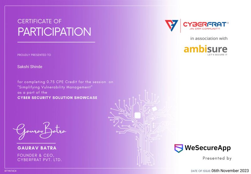 Completed 0.75 CPE Credit for Vulnerability Management session | sakshi ... Completed 0.75 CPE Credit for Vulnerability Management session | sakshi ...