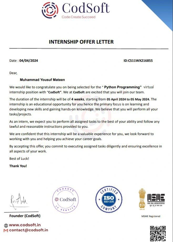 Muhammad Yousuf Mateen on LinkedIn: #codsoft #pythonprogramming #internship Muhammad Yousuf Mateen on LinkedIn: #codsoft #pythonprogramming #internship