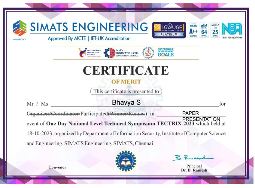 #symposium #certificate #professionalachievement | Bhavya Srinivasalu #symposium #certificate #professionalachievement | Bhavya Srinivasalu