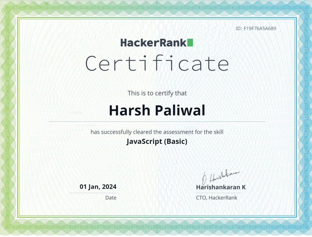 Harsh Paliwal on LinkedIn: #hackerrank #hackerrankcertified #javascript ... Harsh Paliwal on LinkedIn: #hackerrank #hackerrankcertified #javascript ...