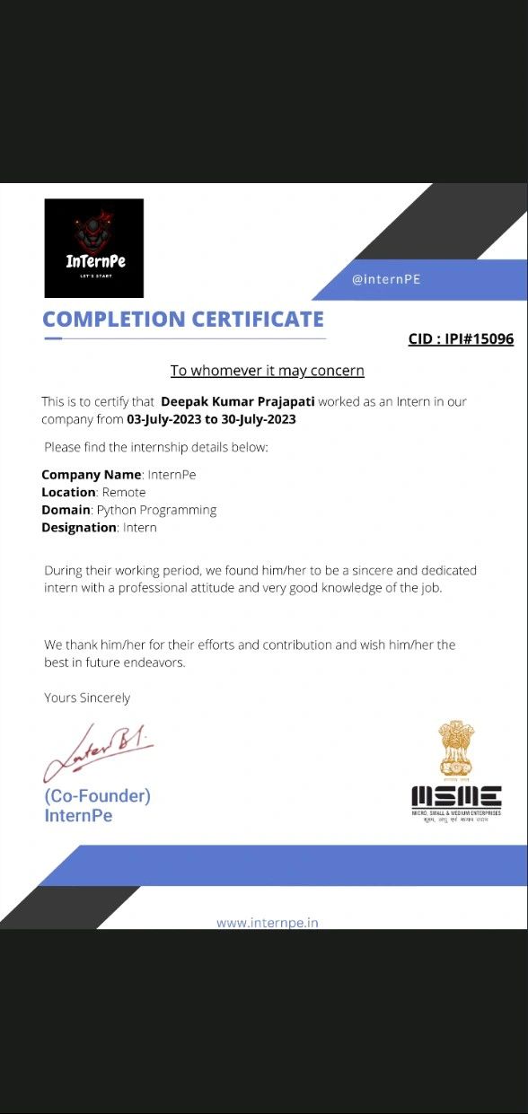 Deepak Kumar Prajapati on LinkedIn: #internpe #completioncertificate # ... Deepak Kumar Prajapati on LinkedIn: #internpe #completioncertificate # ...